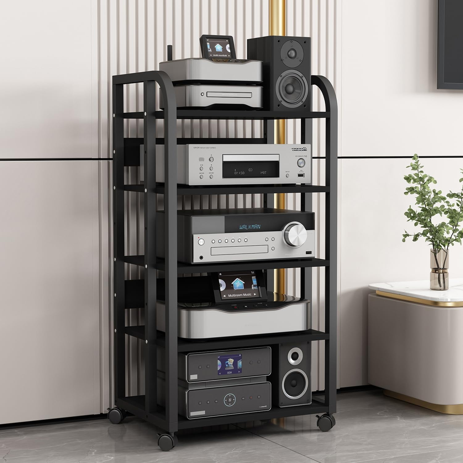 5-Tier AV Media Stand with Wheels, Audio-Video Shelving Adjustable ...