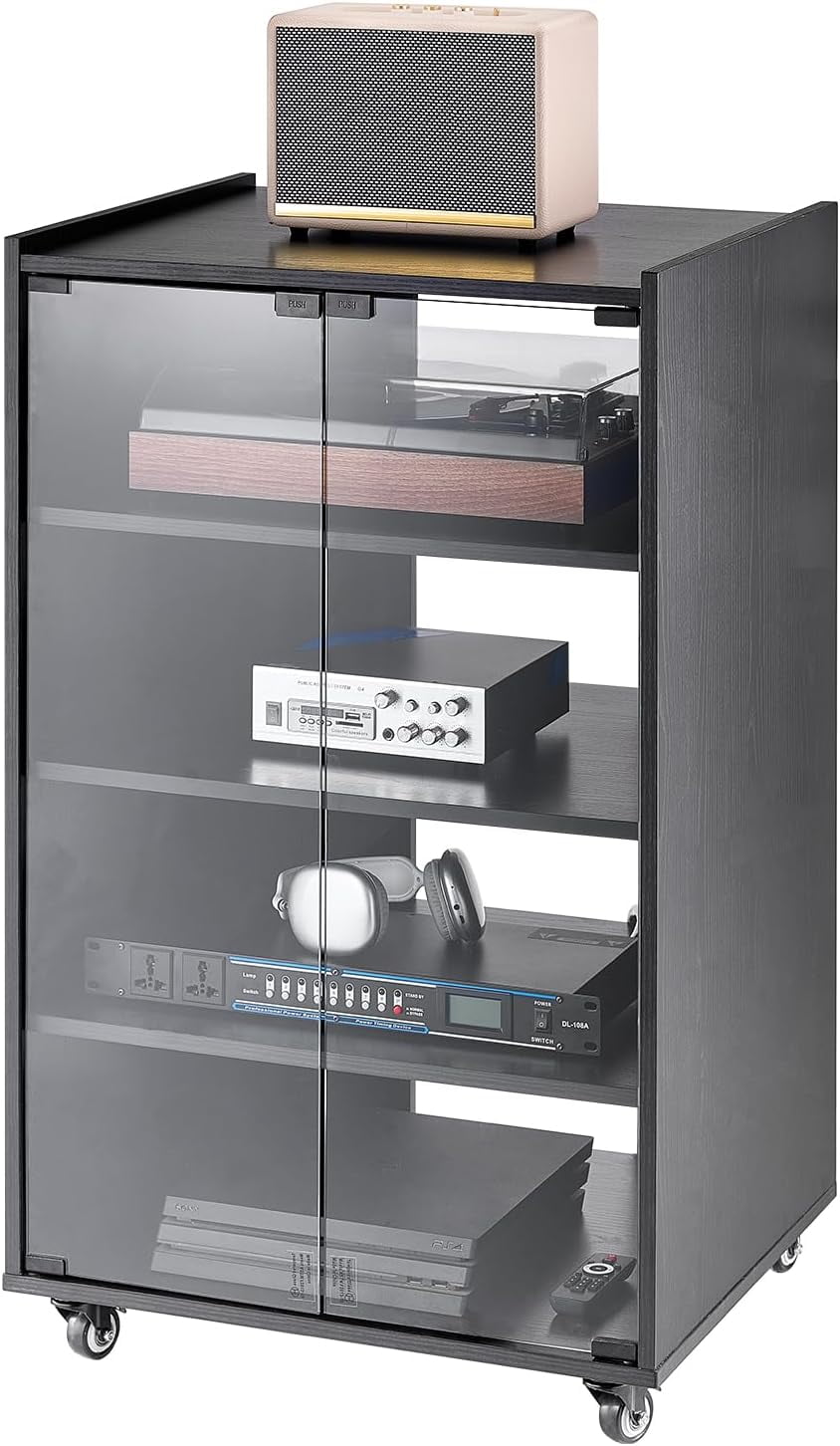 5-Tier AV Media Stand with Wheels, Wooden Audio-Video Media Stand for ...