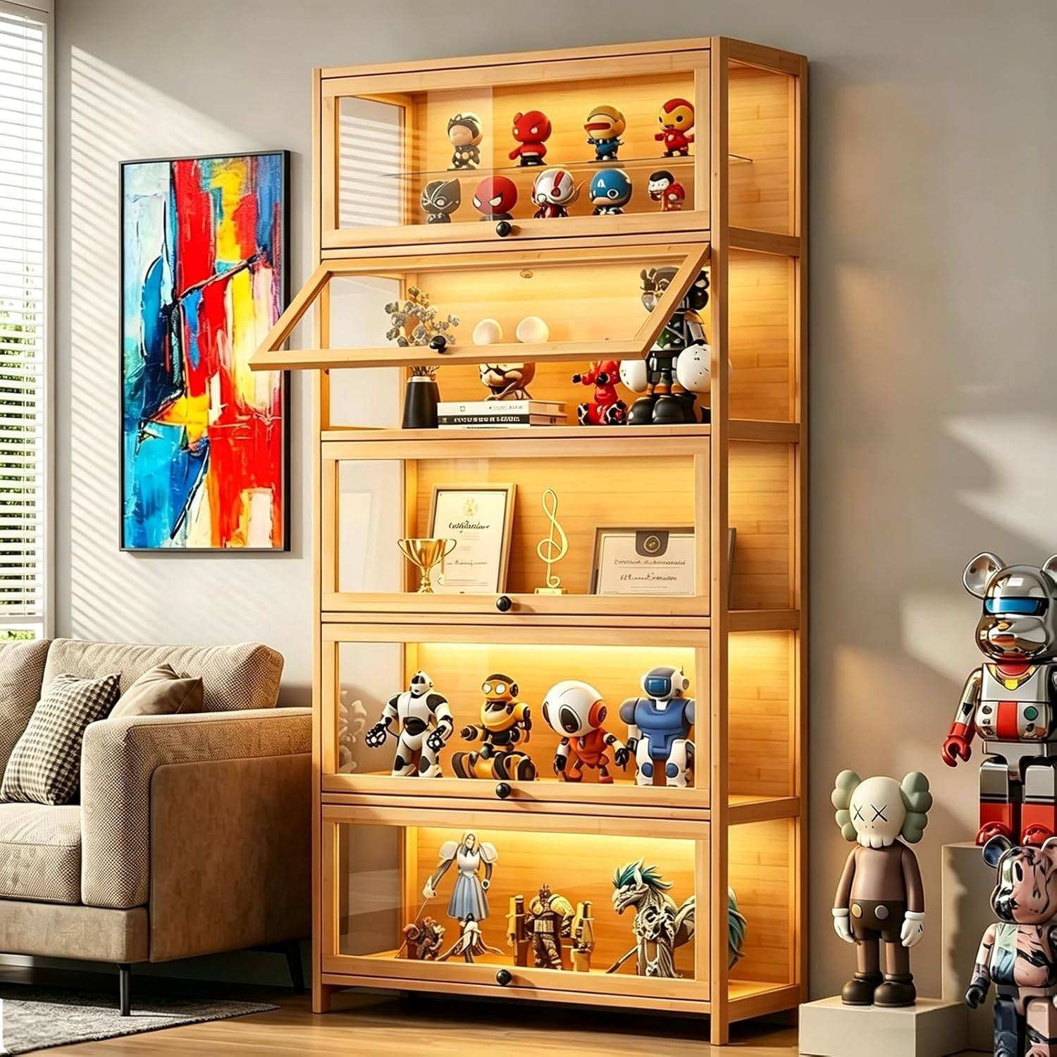 5-Tier Acrylic Glass Display Cabinet with Bamboo Construction, Curio ...