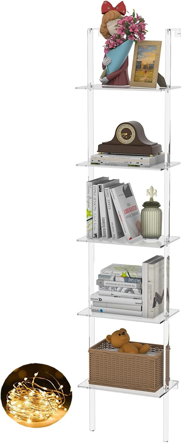 5-Tier Acrylic Ladder Bookshelf, Wall Mounted Narrow Display Shelf for ...