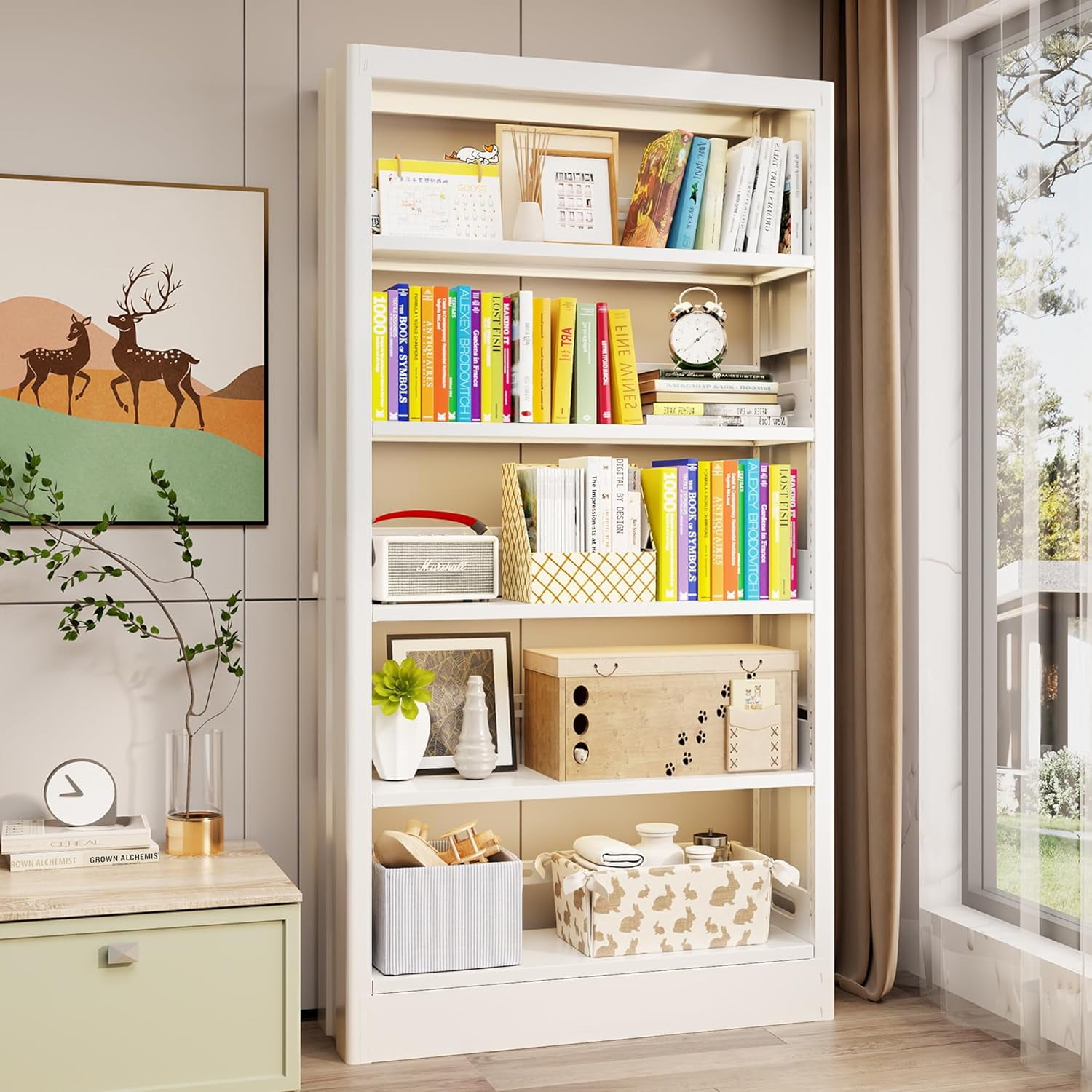 5-Tier Adjustable Bookcase, Heavy Duty Bookshelf with Book Stopper ...