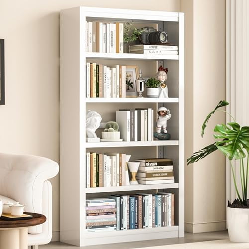 5-Tier Adjustable Bookcase,Tall Metal Bookshelf with Open,White Large ...