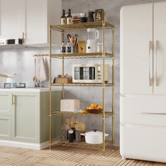 5-Tier Adjustable Display Stand, High Gloss Gold Shelf with Leveling ...