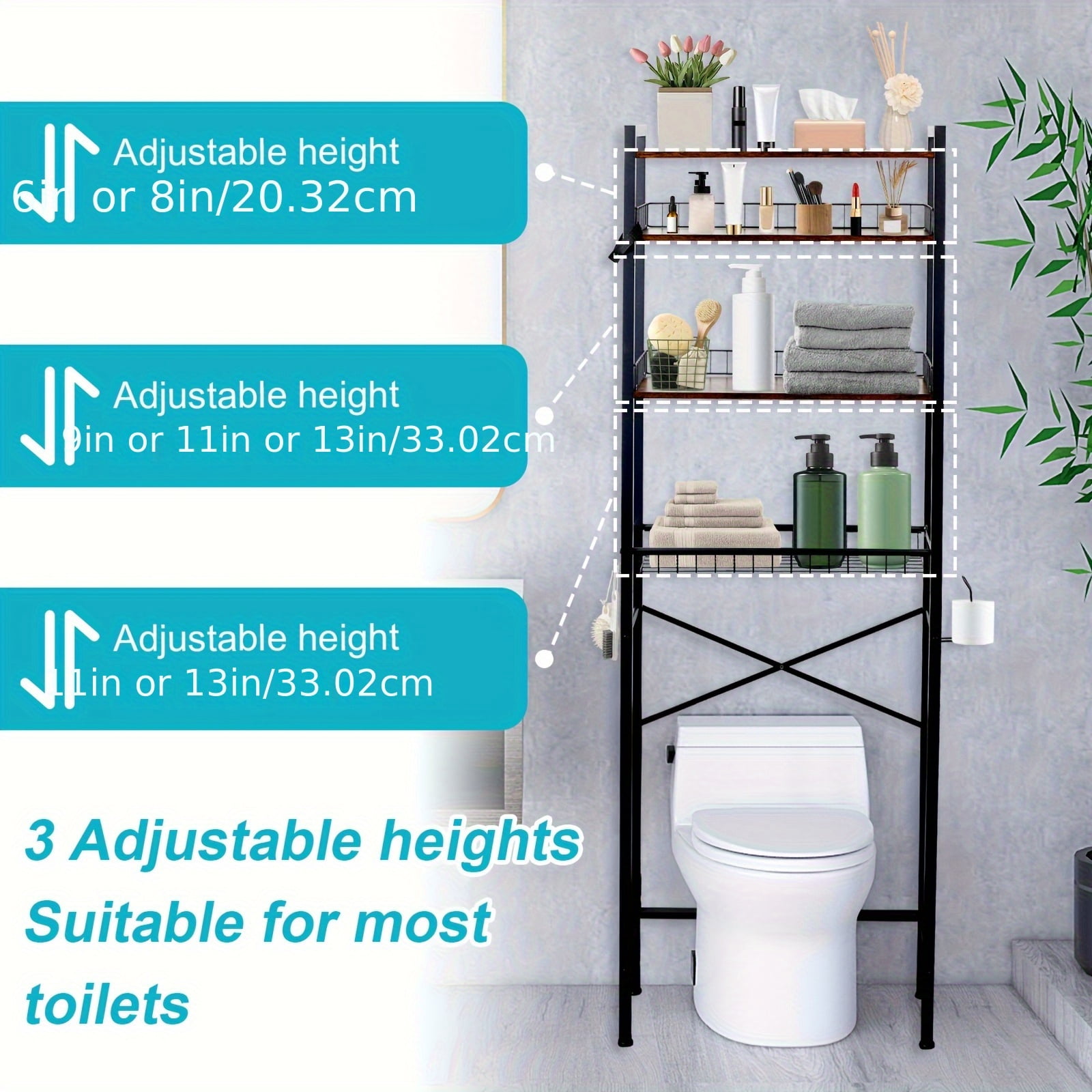 5-Tier Adjustable Over The Toilet Bathroom Organizer Shelf | Brown ...