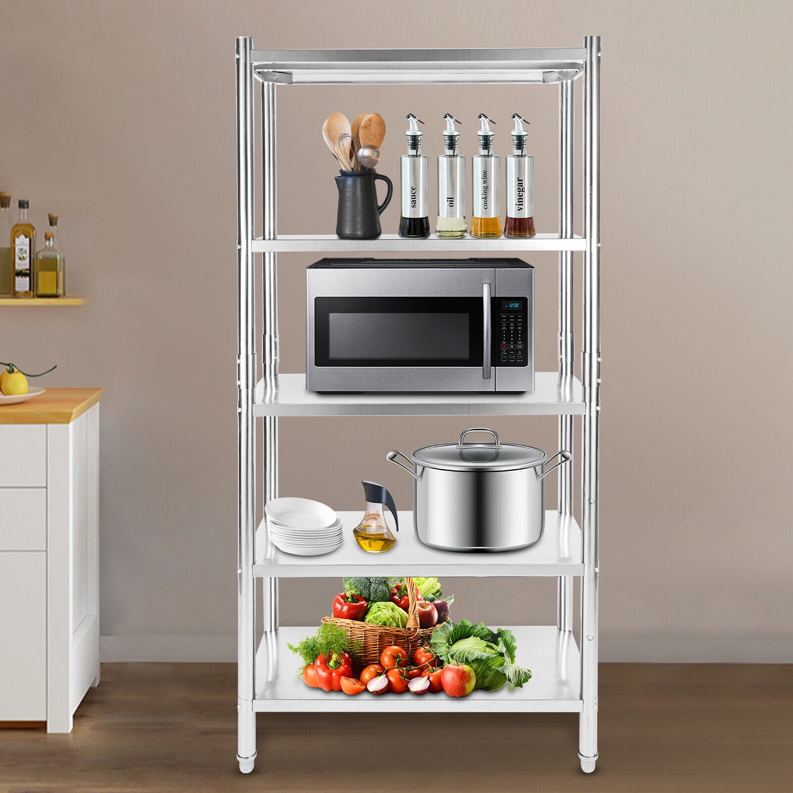 5 Tier Adjustable Rectangular Shelf Storage, Stainless Steel Heavy Duty ...
