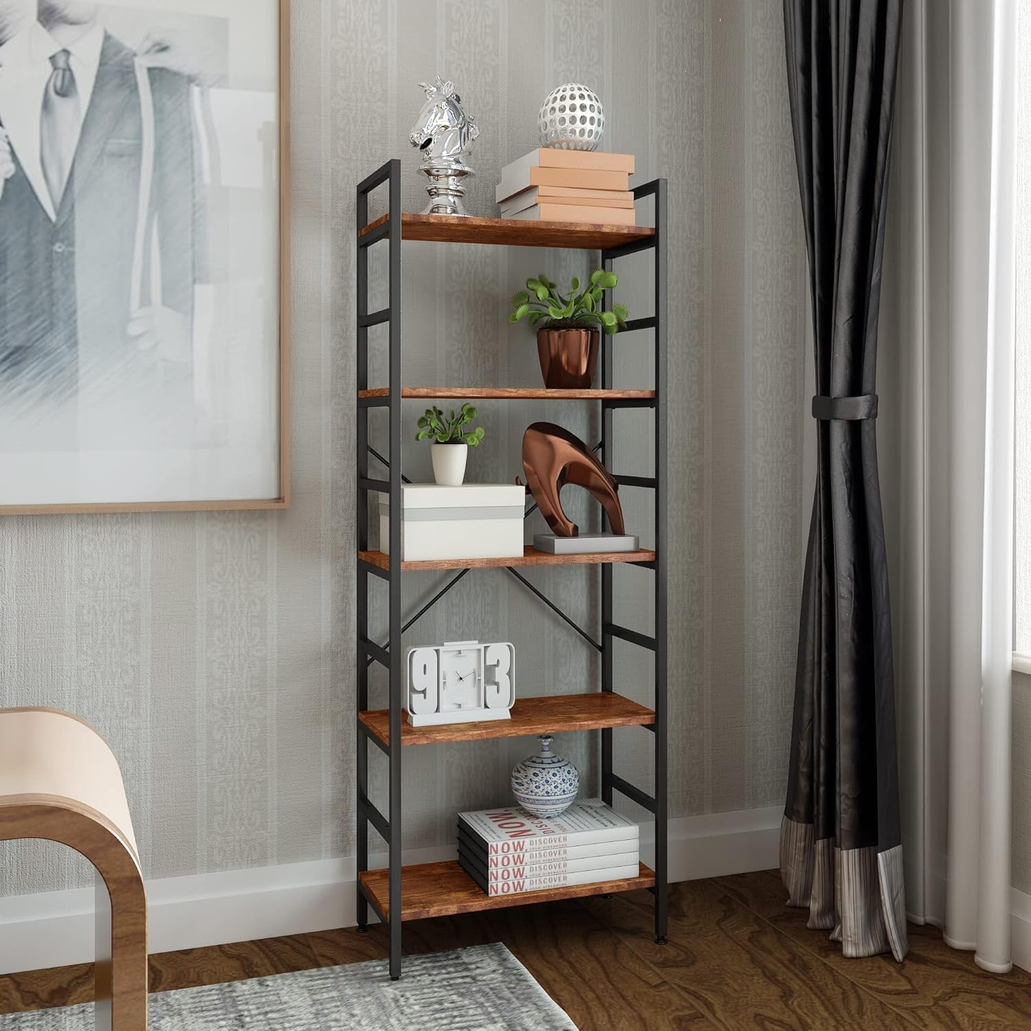 5-Tier Adjustable Tall Bookcase, Rustic Wood and Metal Standing ...