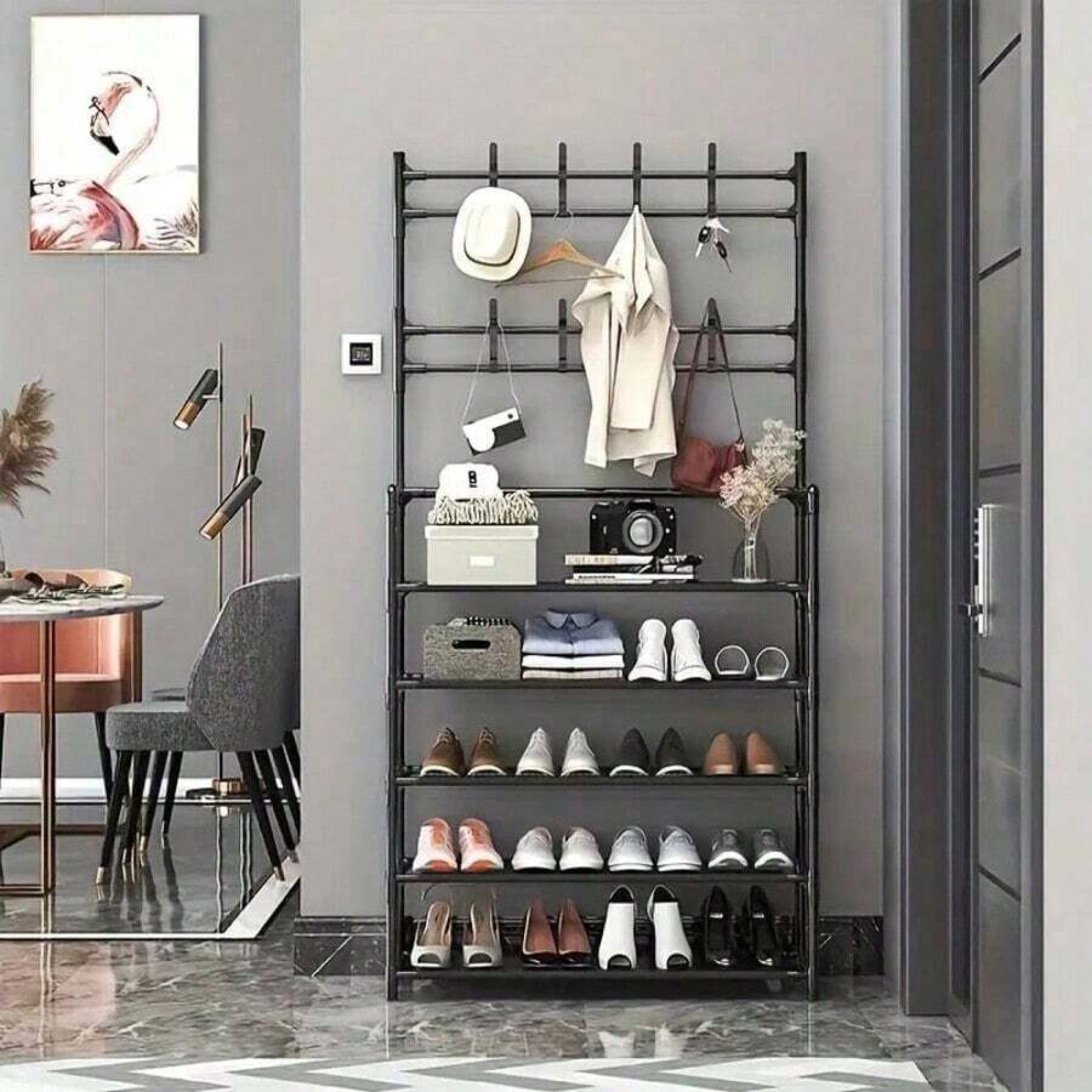 5-Tier All-Metal Shoe & Coat Rack - With Integrated Hanging Hooks ...