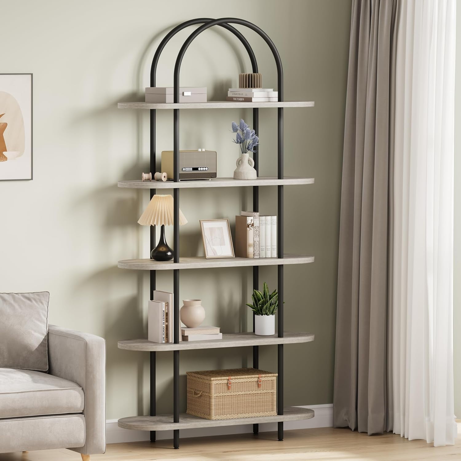 5 Tier Arched Bookcase, Open Display Shelf with Metal Frame ...