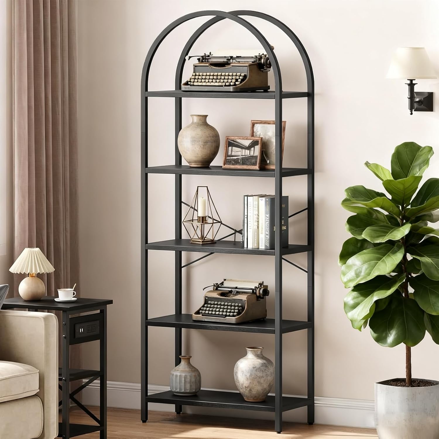 5-Tier Arched Bookshelf, Industrial Open Bookcase with Metal Frame for ...