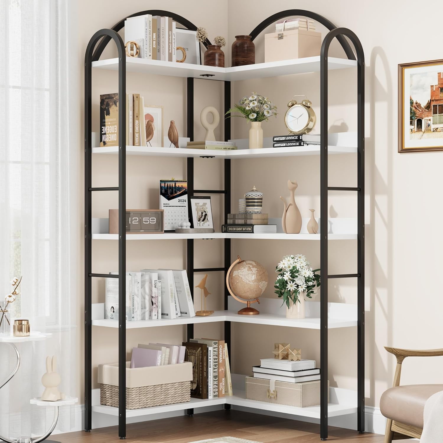 5 Tier Arched Large Corner Bookshelf, 68.5" Tall L Shaped Multi-Layer ...