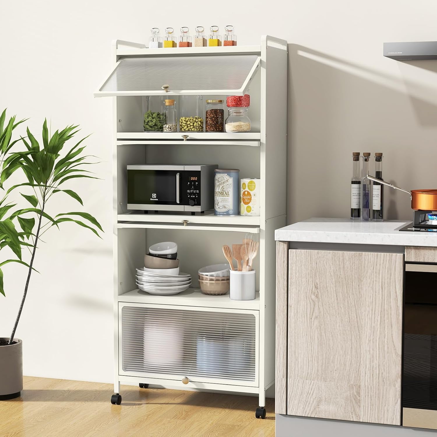 5-Tier Bakers Rack, Mobile Microwave Stand with Metal Frame, 4 Rolling ...