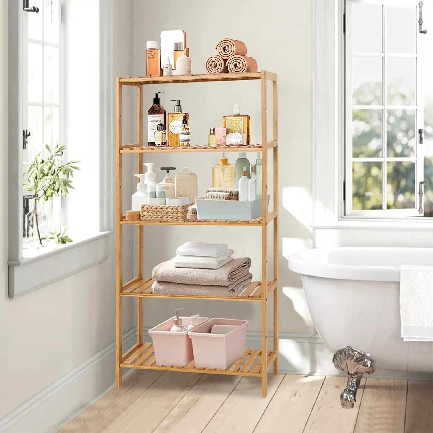 5-Tier Bamboo Bathroom Shelf - Multifunctional Storage Shelves, Stand ...