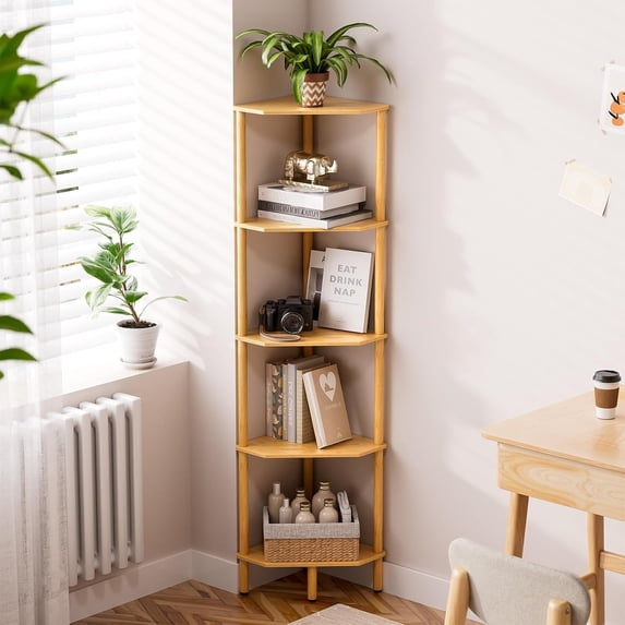 5 Tier Bamboo Corner Bookshelf, 54" Tall Narrow Bookcase, Plant Stand ...