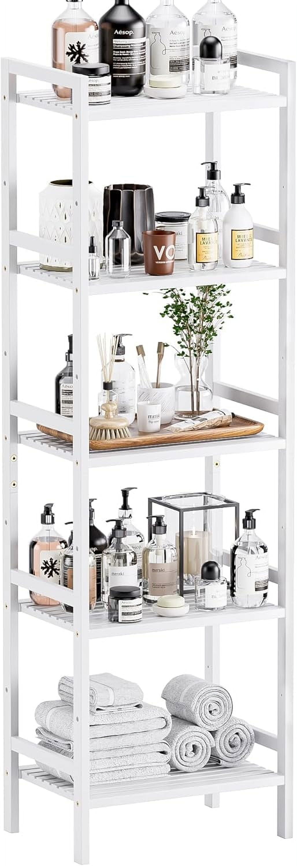 5 Tier Bamboo Shelf, Tall Narrow Bookcase, Freestanding Bathroom ...