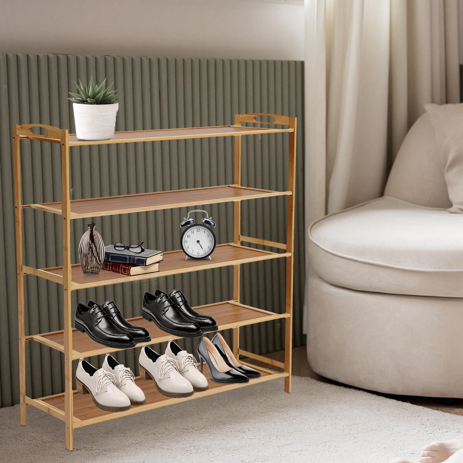 5-Tier Bamboo Shoe Rack, Brown (S-9032), 15-20 Pair Storage, Rustic ...