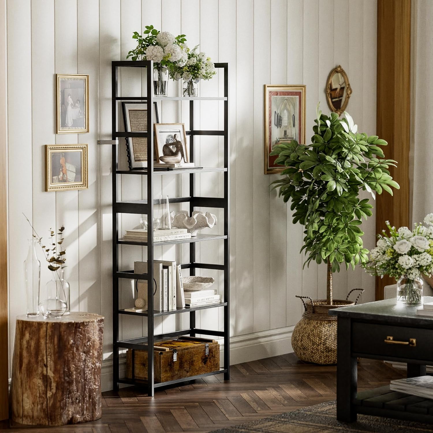 5-Tier Bamboo Wood Ladder Bookshelf, Tall Display Storage Shelf, Large Bookcase Modern ...