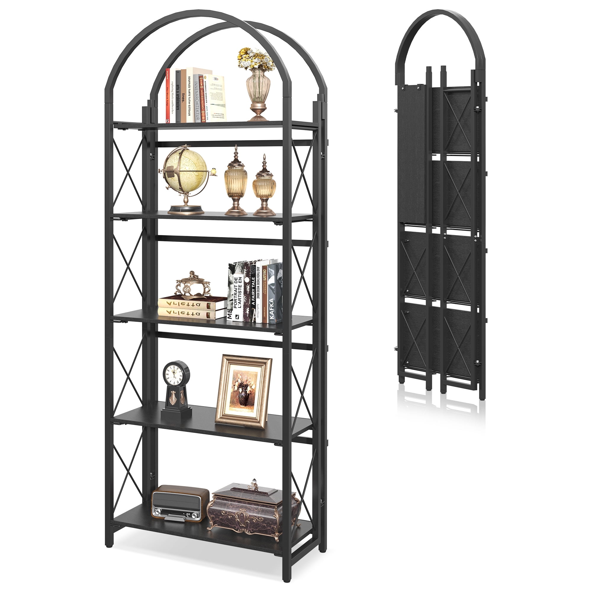 Nosepen 5-Tier Black Arched Folding Bookshelf with Storage Shelves, 71. ...