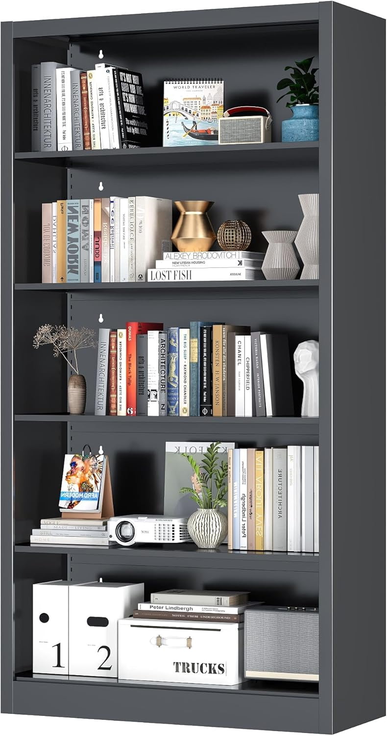5-Tier Black Bookcase, Metal Adjustable Bookshelf, 14" Deep Storage ...