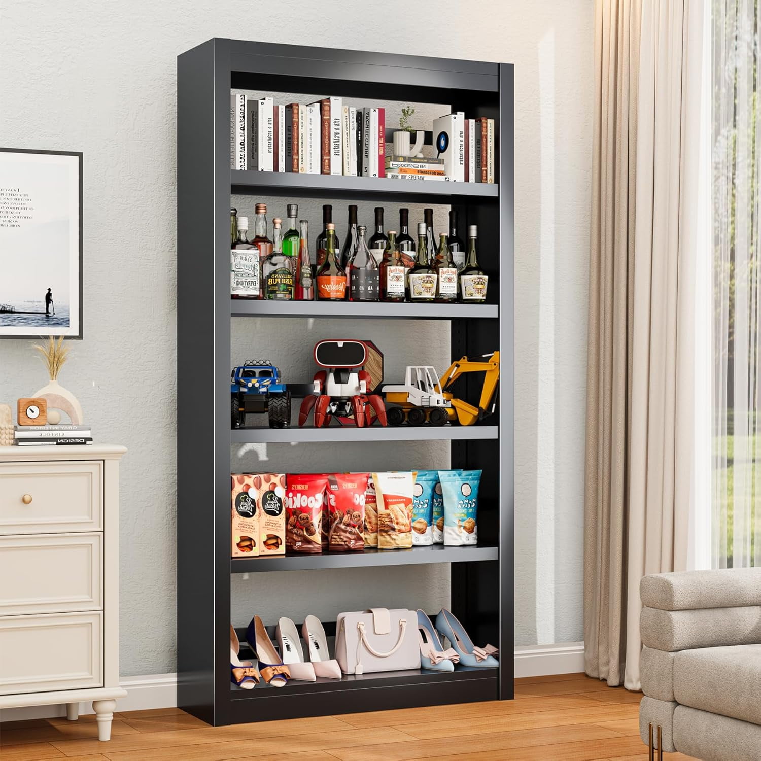 5-Tier Black Bookshelf,6 Storage Space Bookshelves,Metal Bookshelves ...