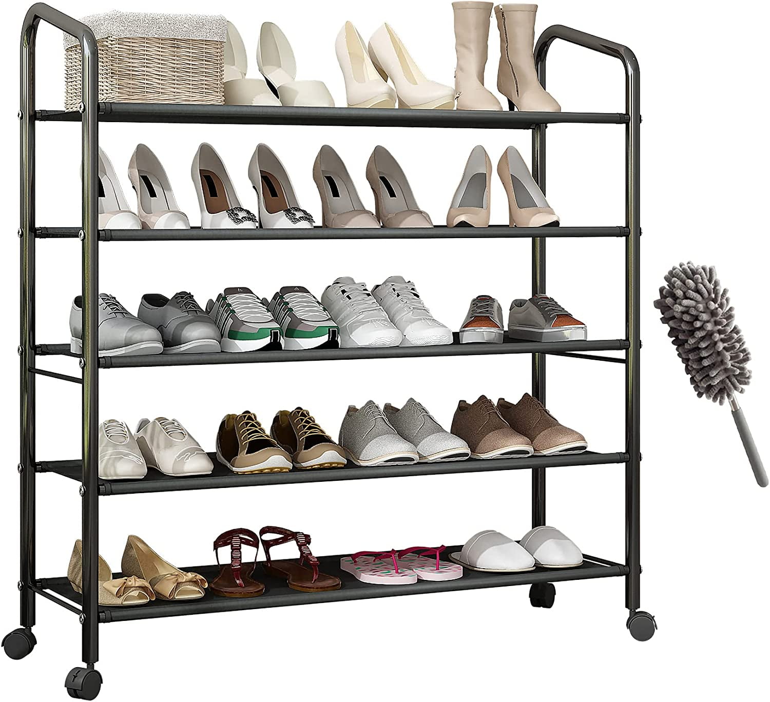 5 Tier Black Metal Shoe Rack Organizer Shoe Stand,Sturdy Rolling Shoe ...