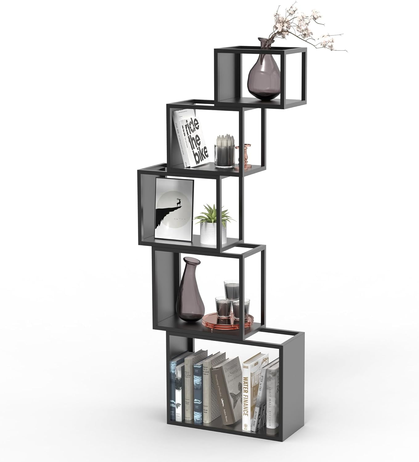 5-Tier Black Unique Bookshelf – 49.2" Modern Bookcase for Books, CDs ...