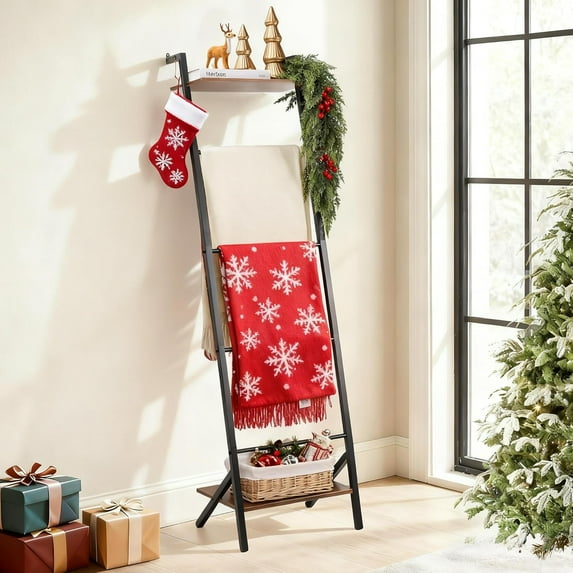 5 Tier Blanket Ladder with Shelf and Hooks 4.8ft Metal Ladder Shelf ...