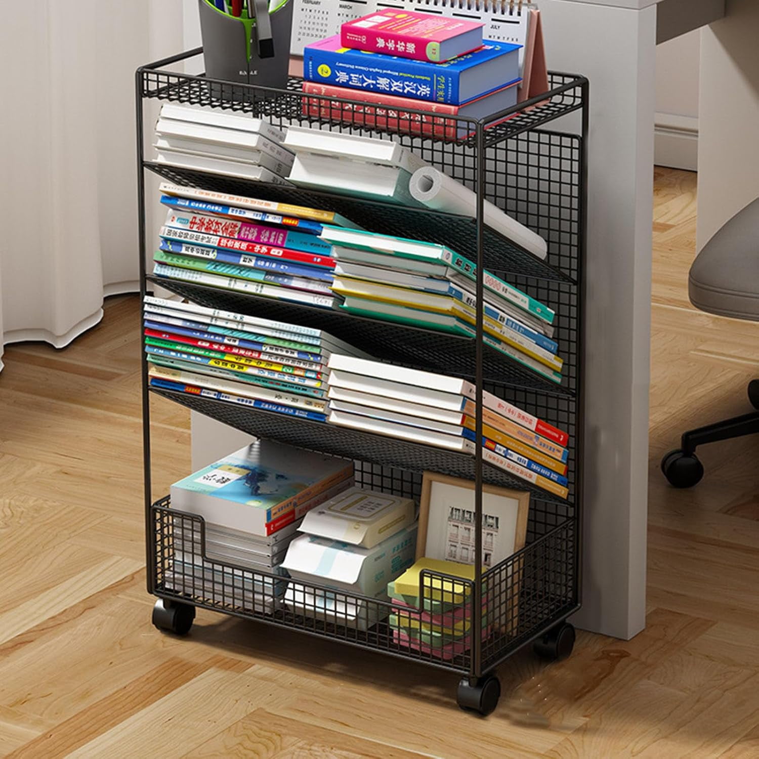 5-Tier Book Cart with Wheels Mobile Metal Bookshelf with armrests V ...
