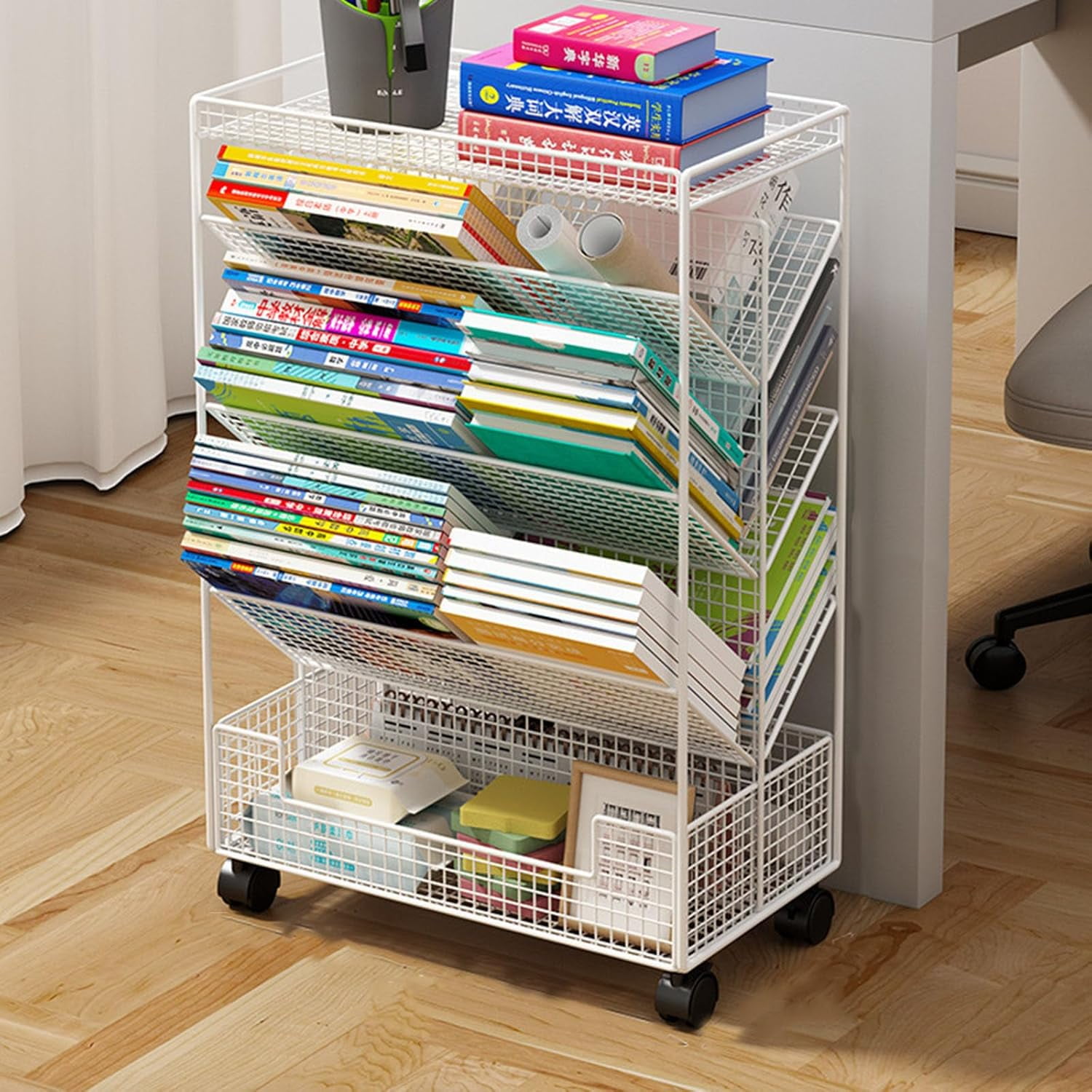 5-Tier Book Cart with Wheels Mobile Metal Bookshelf with armrests V ...