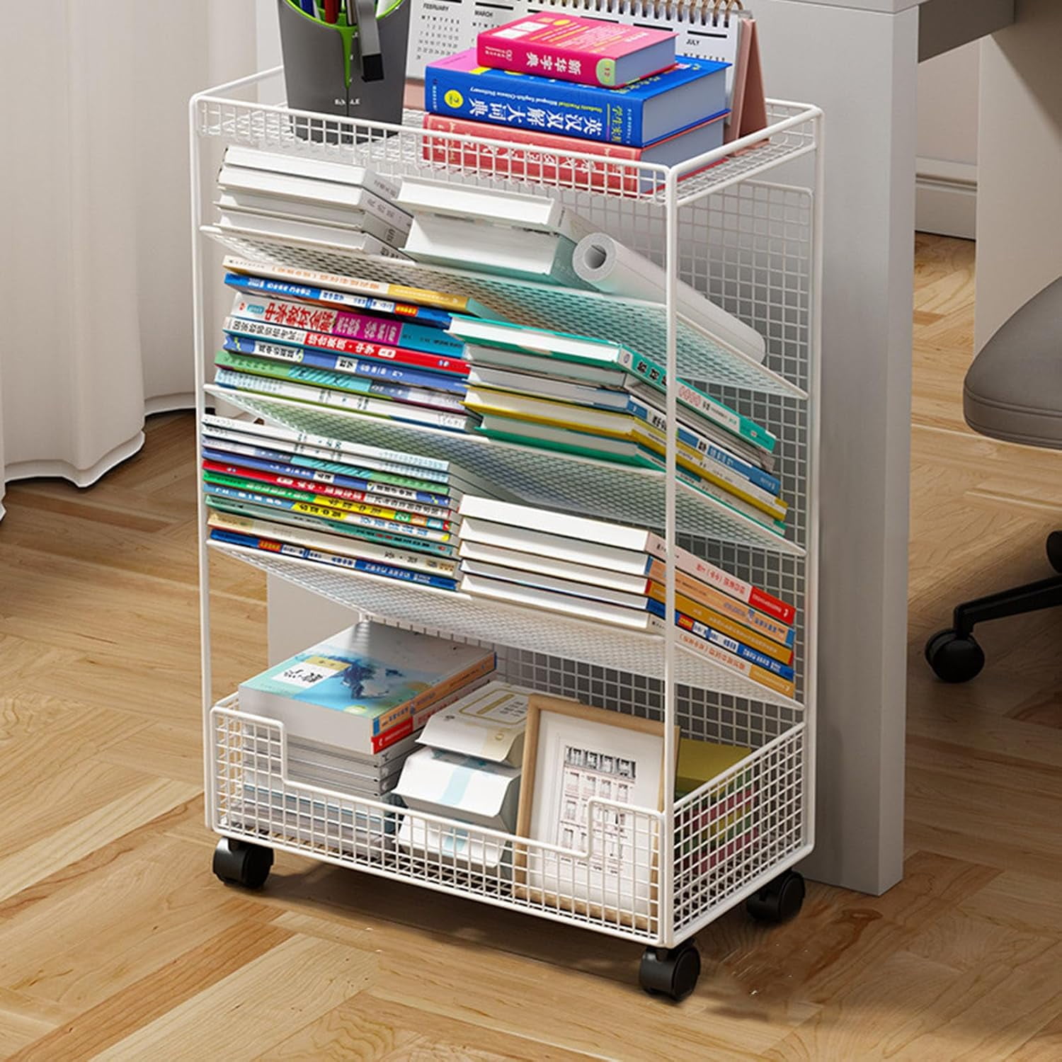 5-Tier Book Cart with Wheels Mobile Metal Bookshelf with armrests V ...