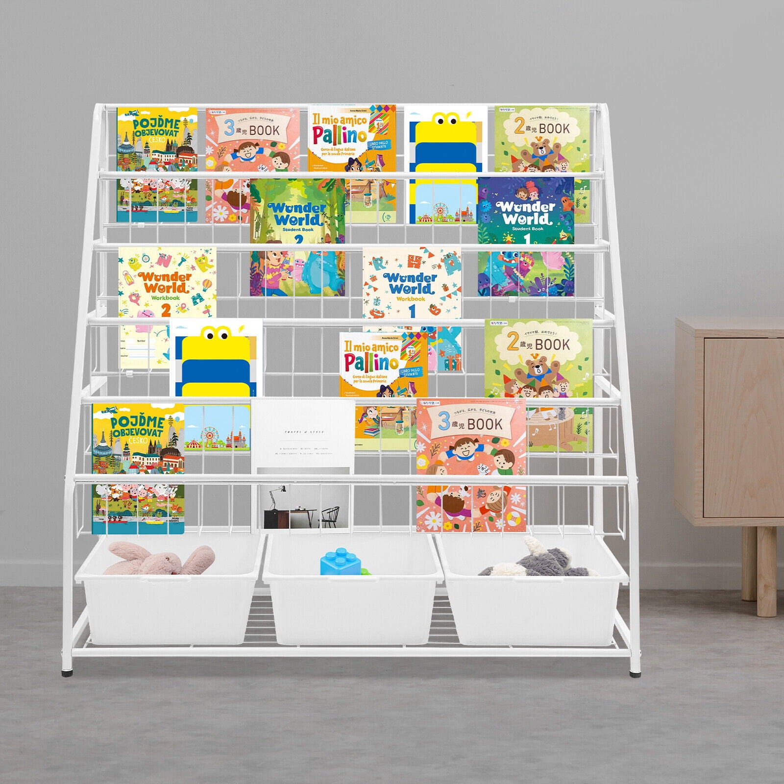 5-Tier Book Display Rack Bookshelves with 3 Storage Boxes Freestanding ...