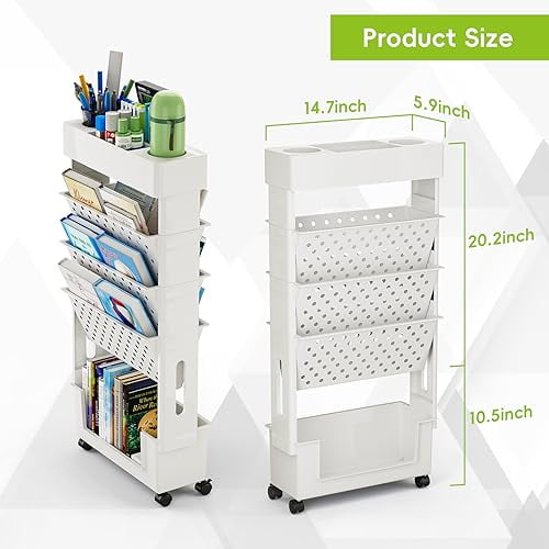 5 Tier Book Rack Storage Book Shelf,Mobile Rolling cart with Wheels ...