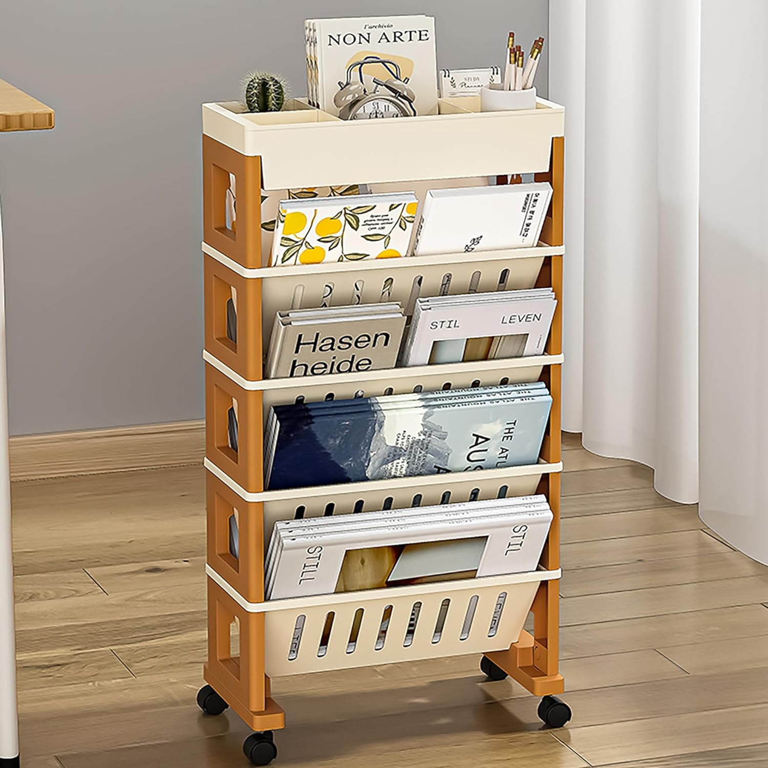 5 Tier Book Rack Storage Bookshelf, Mobile Bookshelf with Wheels ...