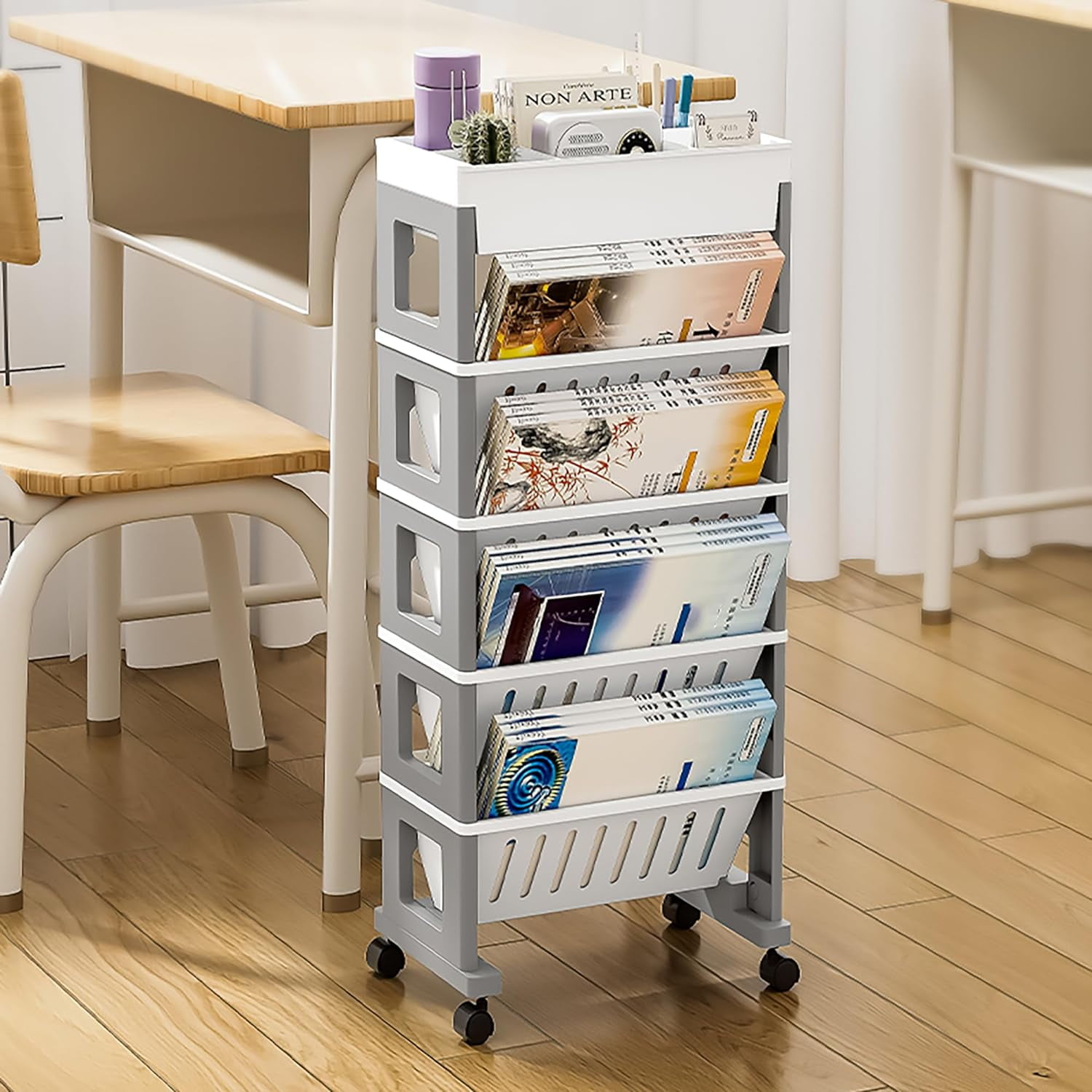 5 Tier Book Rack Storage Bookshelf, Mobile Bookshelf with Wheels ...