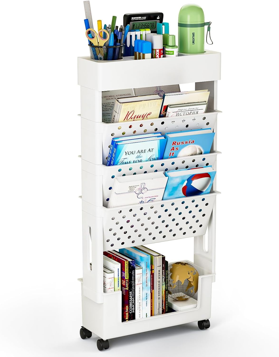 5 Tier Book Rack Storage Bookshelf,Mobile Bookshelf with Wheels,Slim ...