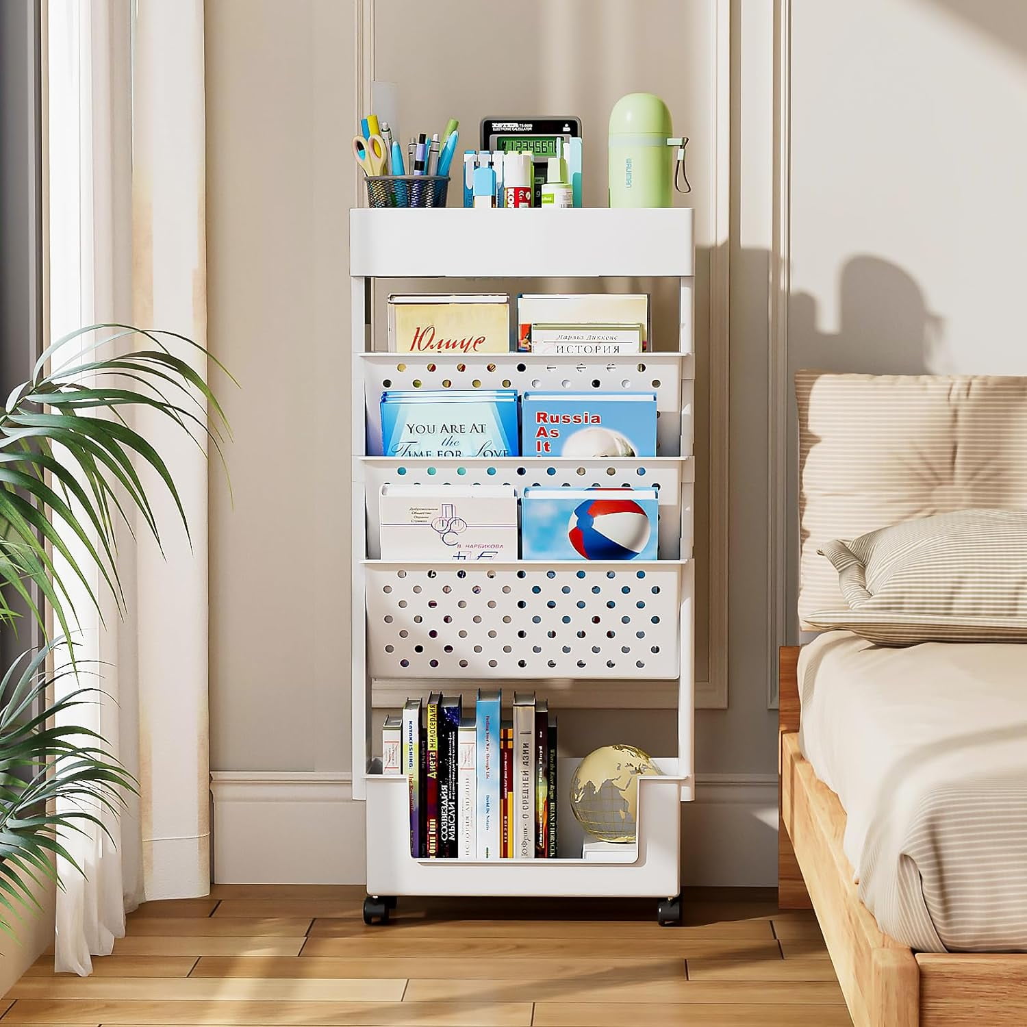 5 Tier Book Rack Storage Bookshelf,Mobile Bookshelf with Wheels,Slim ...