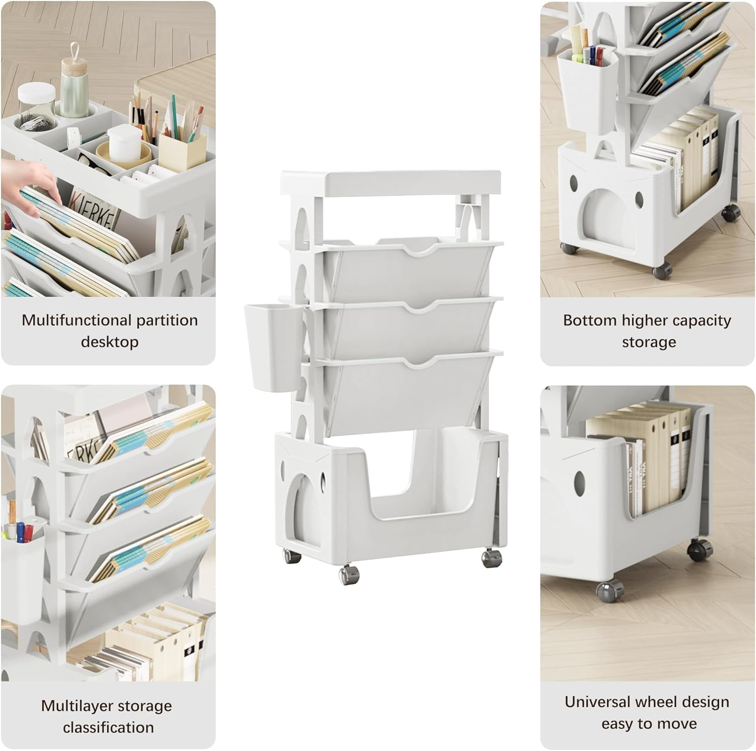 5 Tier Book Rack Storage Bookshelf, Removable Movable Bookcase, Mobile ...