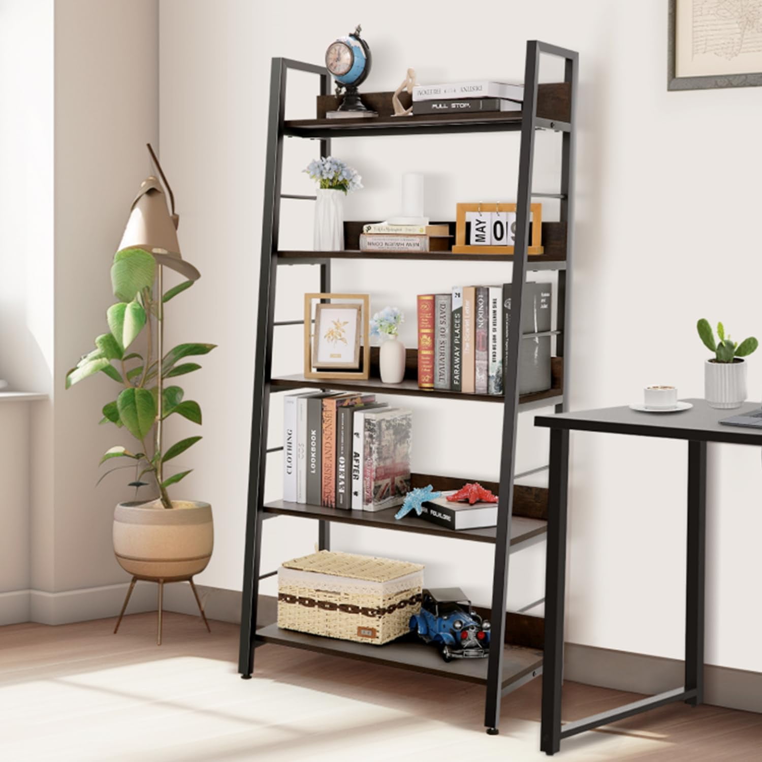 5 Tier Book Shelf, Rustic Industrial Ladder Bookshelf Wood Metal, Dark ...