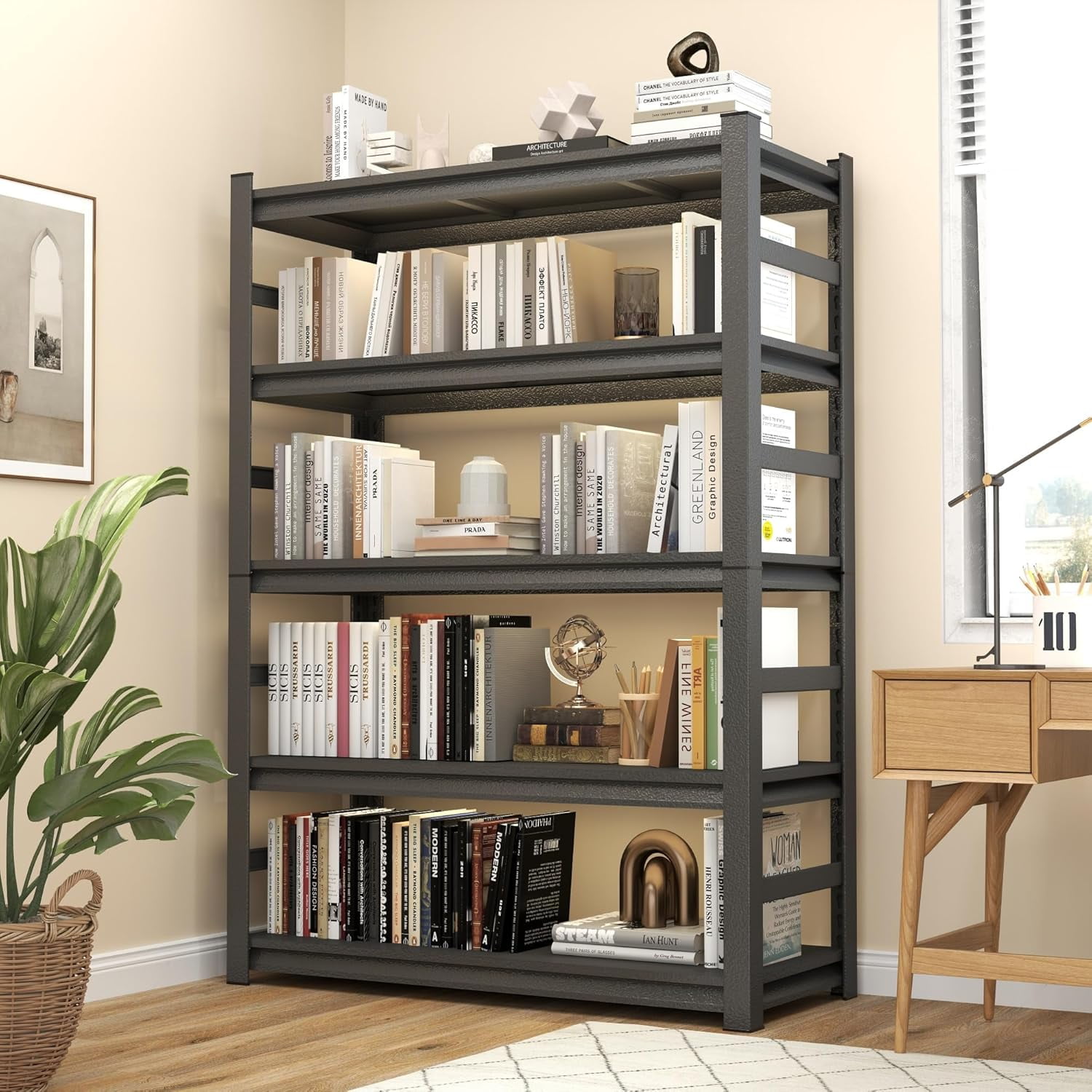 5 Tier Book Shelf Tall Bookcase Metal Adjustable Book Shelves Standing ...