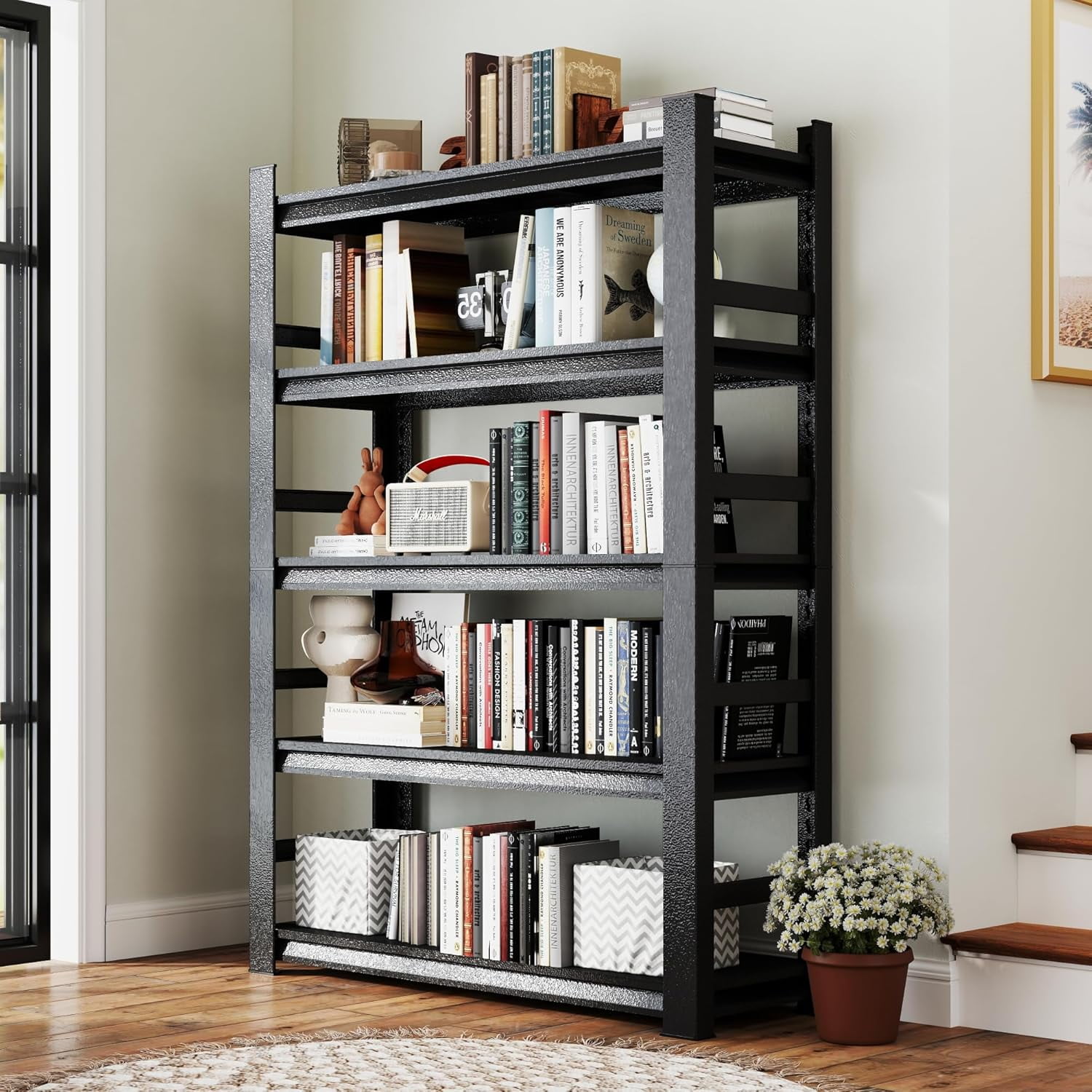 5 Tier Book Shelf Tall Bookcase Metal Adjustable Book Shelves Standing ...