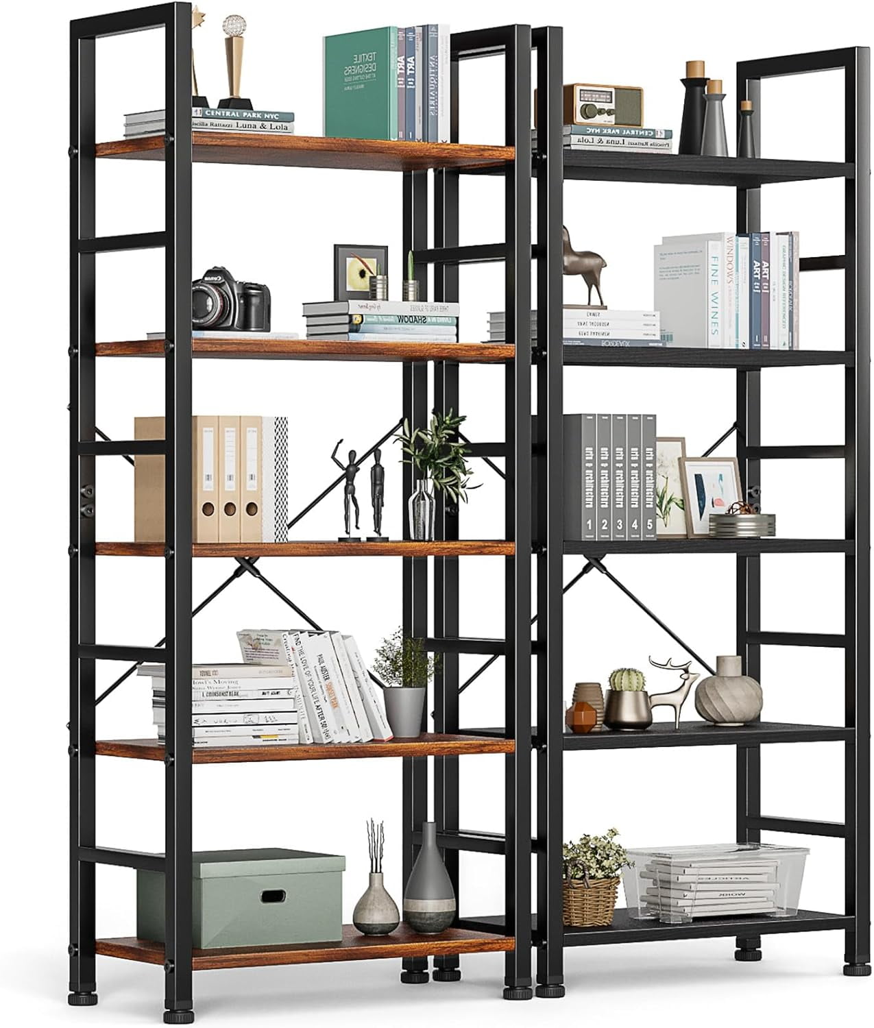 5-Tier Book Shelf Tall Modern Bookcase Set of 2 for Books, CDs, Movies ...