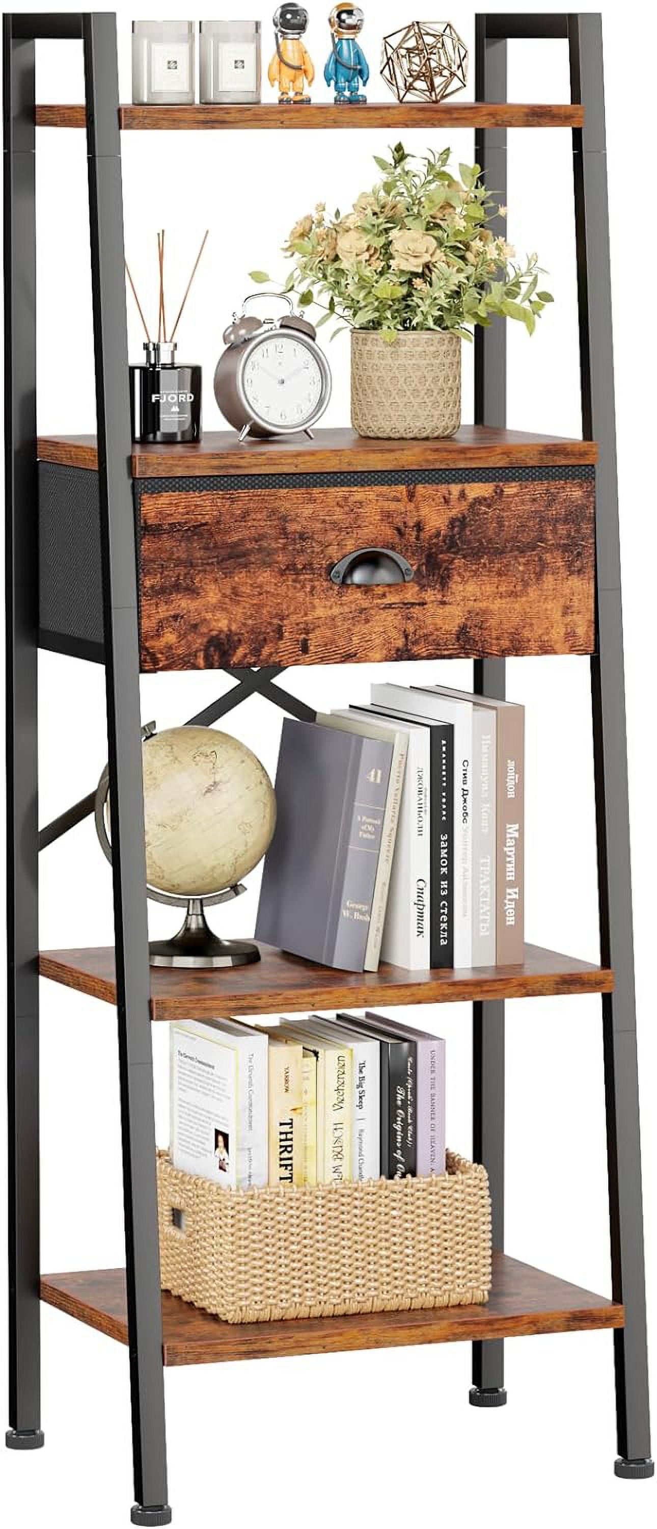 5 Tier BookShelf, Ladder Shelf with Drawer, Tall Bookcase Corner Shelf ...