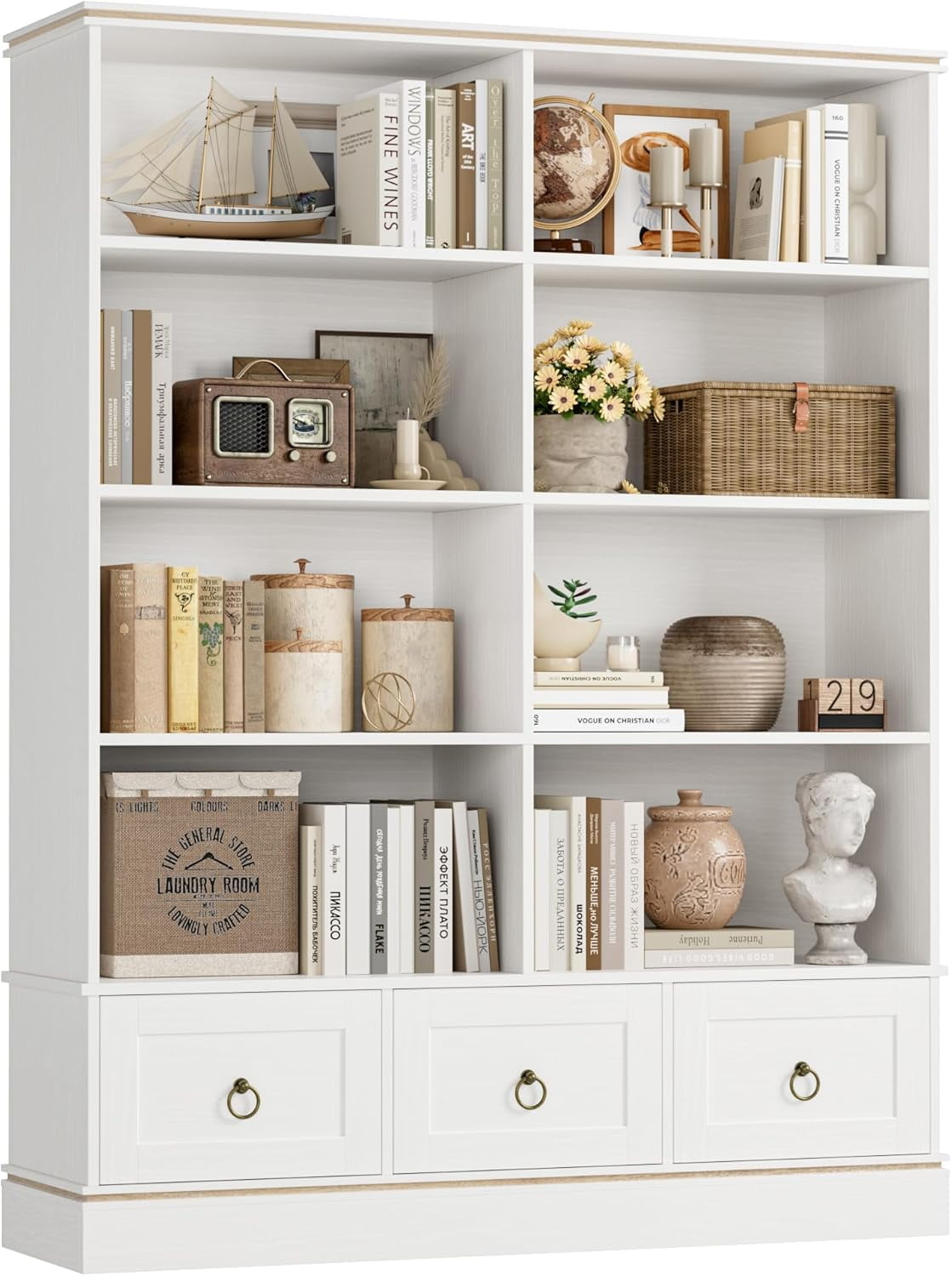 5-Tier Bookcase with 3 Drawers, 47" Wide Large Bookshelf with Display ...