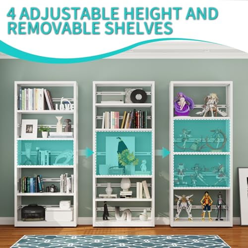 5 Tier Bookcase with 4 Adjustable Shelves,Metal Storage Shelves,White ...