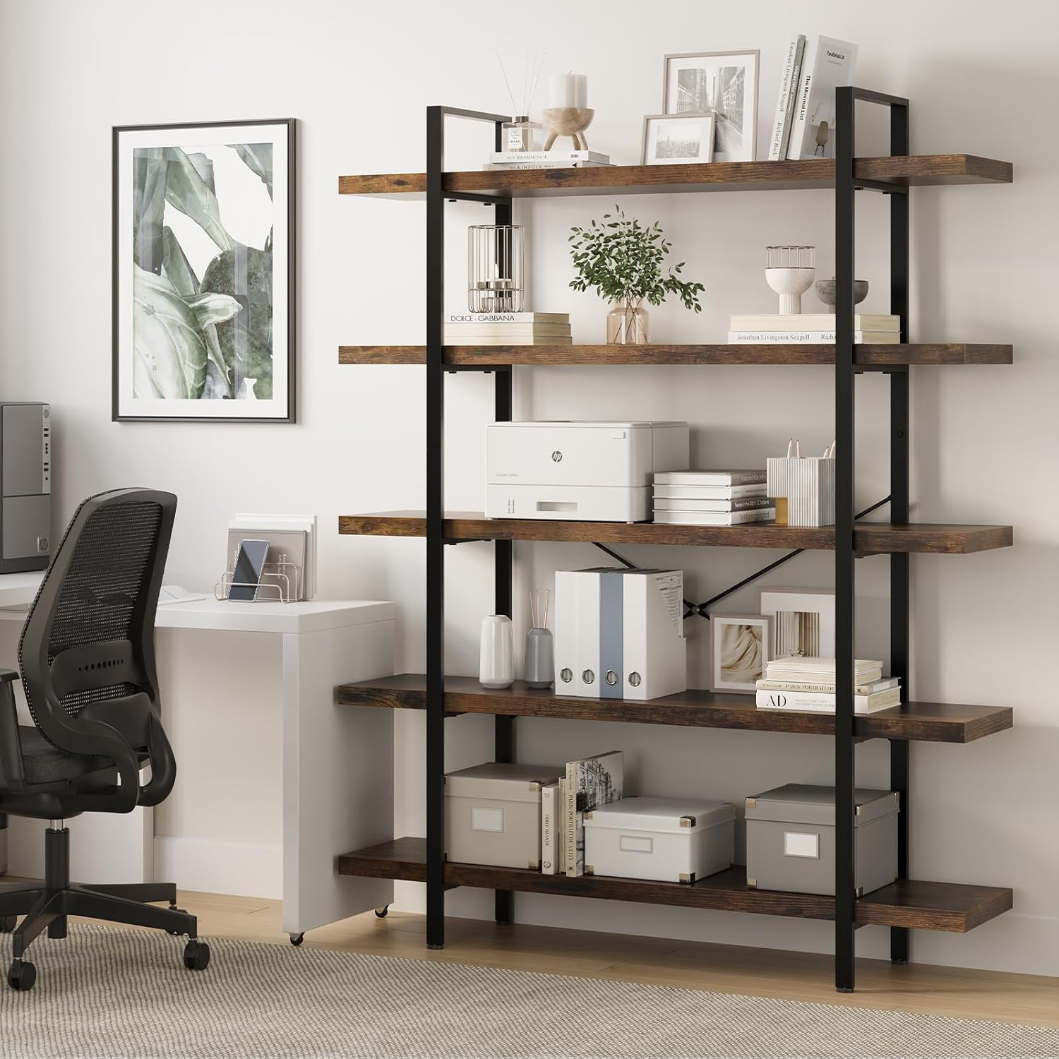 5 Tier Bookcase, 47 Inch Wide Wood Bookshelf, 120lbs Shelf Capacity ...
