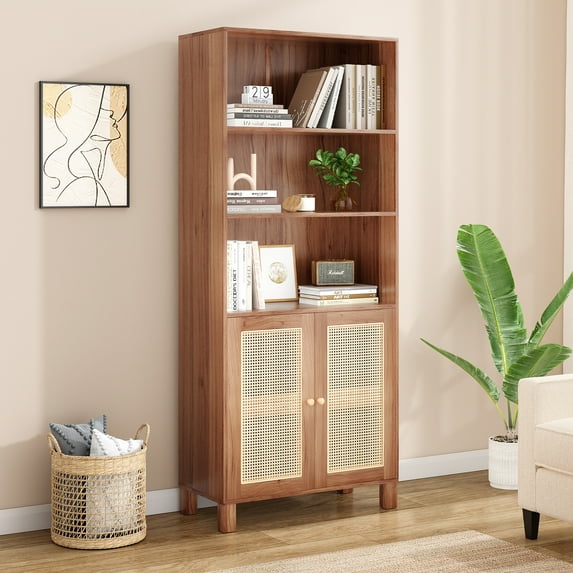 5-Tier Bookcase, 70" Modern Display Shelf with Rattan Doors, Wooden ...