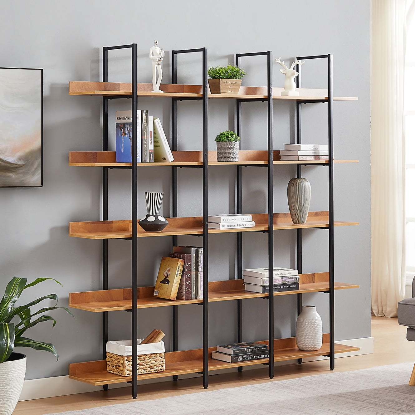 5 Tier Bookcase with Back Fence, Etagere Bookcases with Metal Frame ...