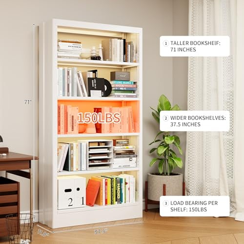 5-Tier Bookcase and Bookshelf,71" H Free Standing Metal Bookcase with ...