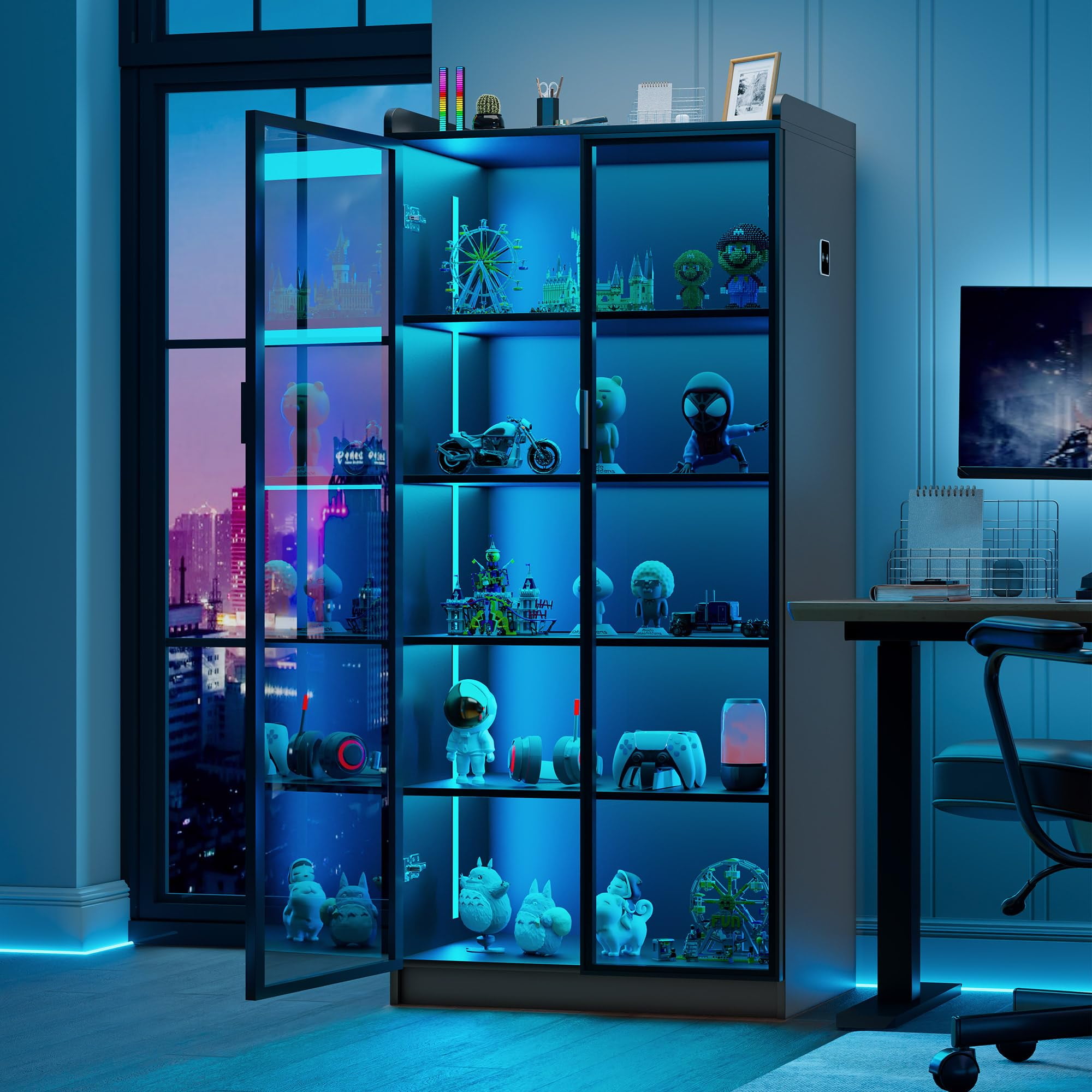 5 Tier Bookcase Display Cabinet with LED Lights, Human Body Sensor ...