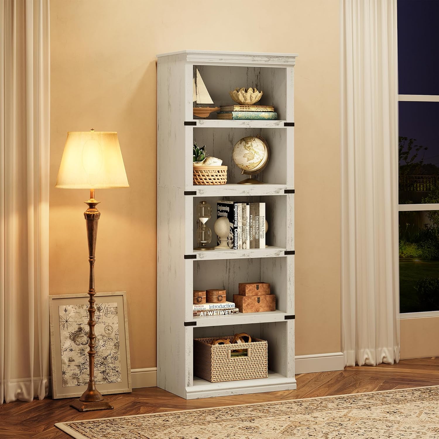 5 Tier Bookcase Farmhouse Book Shelf with Storage Open Display ...