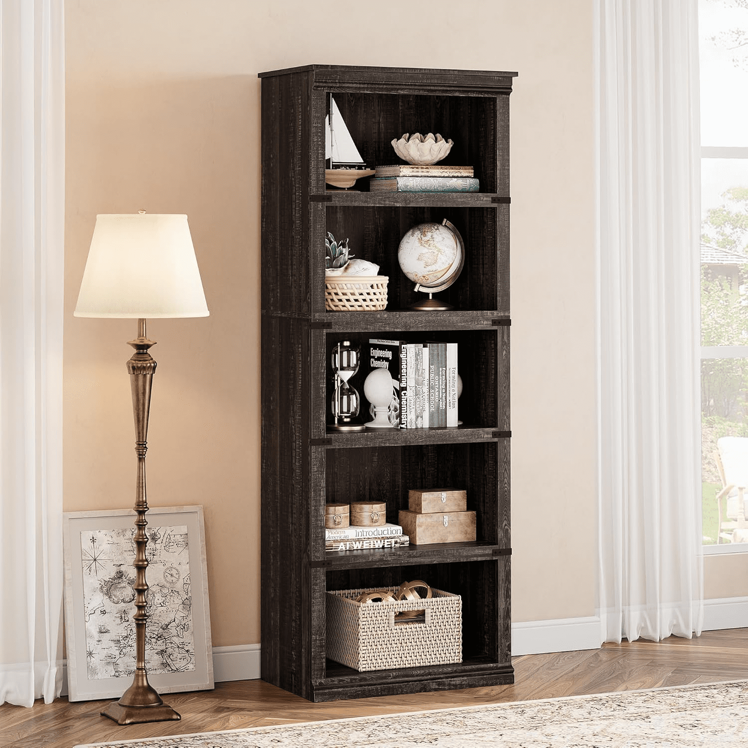 5 Tier Bookcase Farmhouse Book Shelf with Storage 67.4 Inch Tall Open ...